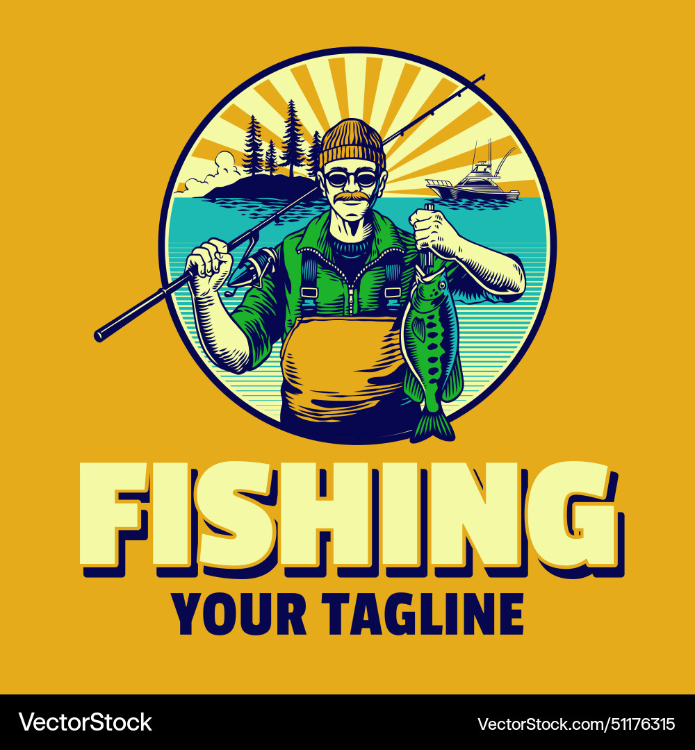 Fisherman catching bass fish logo template Vector Image