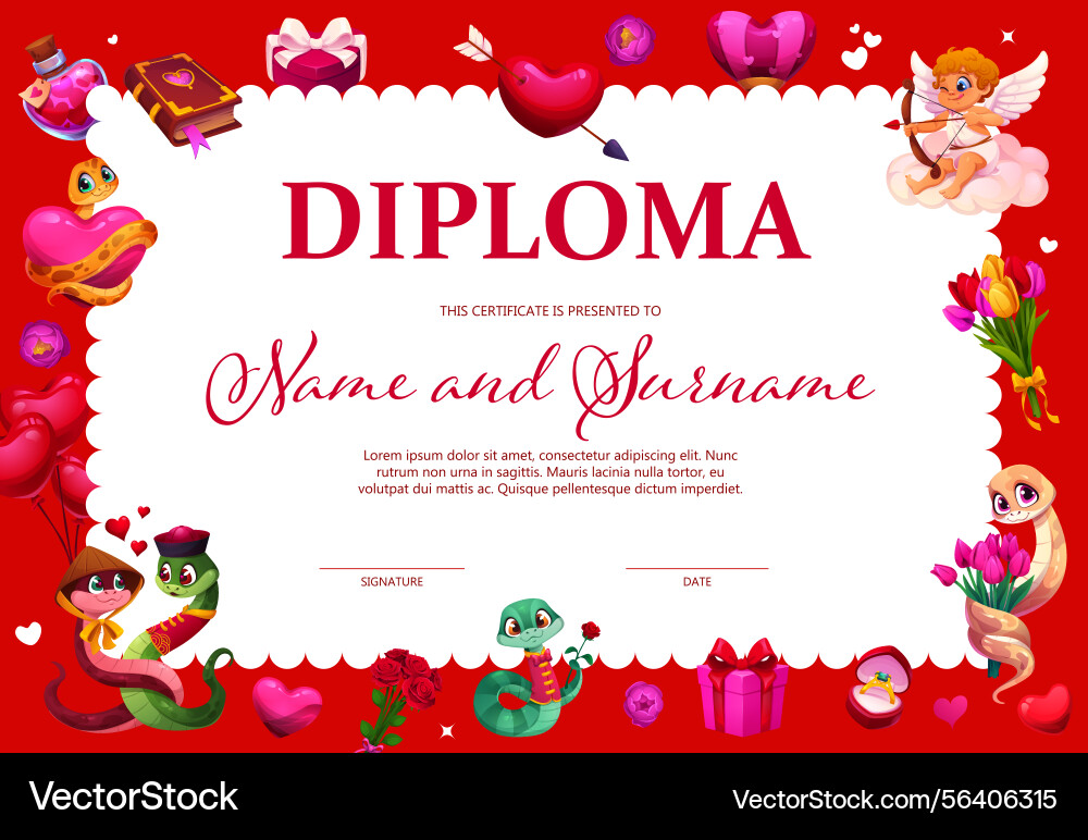 Valentines day diploma certificate with cherubs Vector Image
