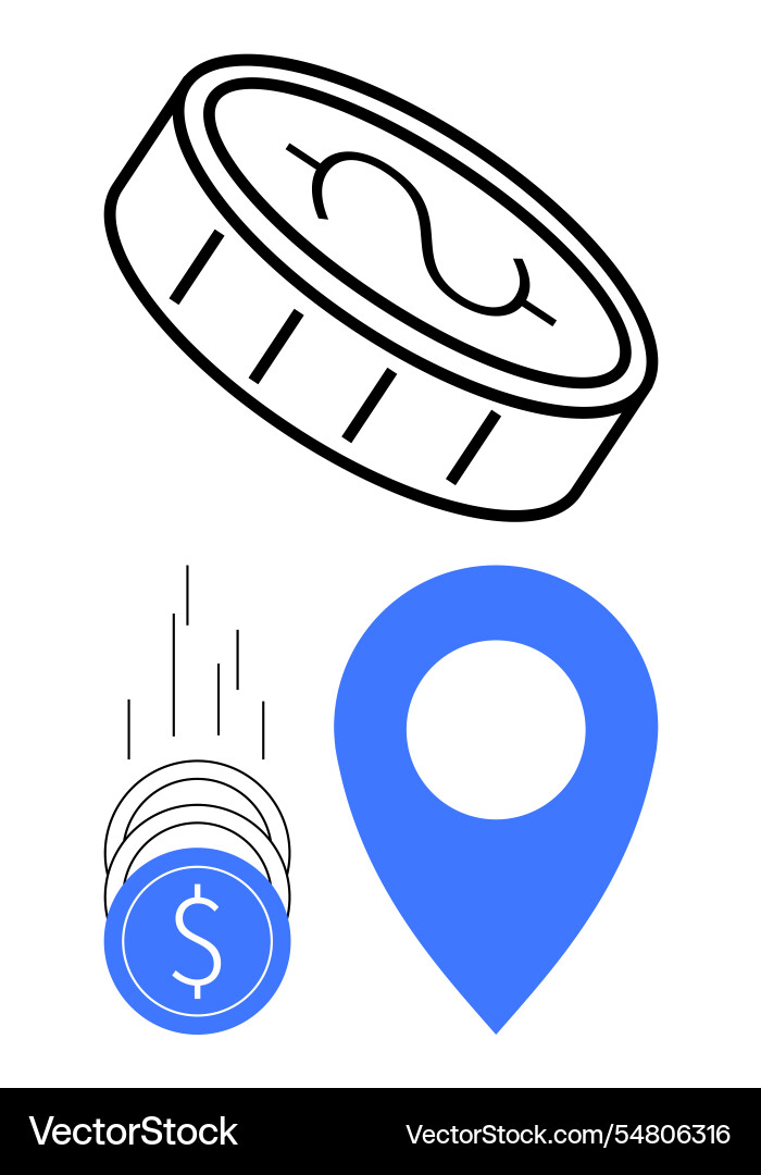 Coin falling with location pin signifying Vector Image