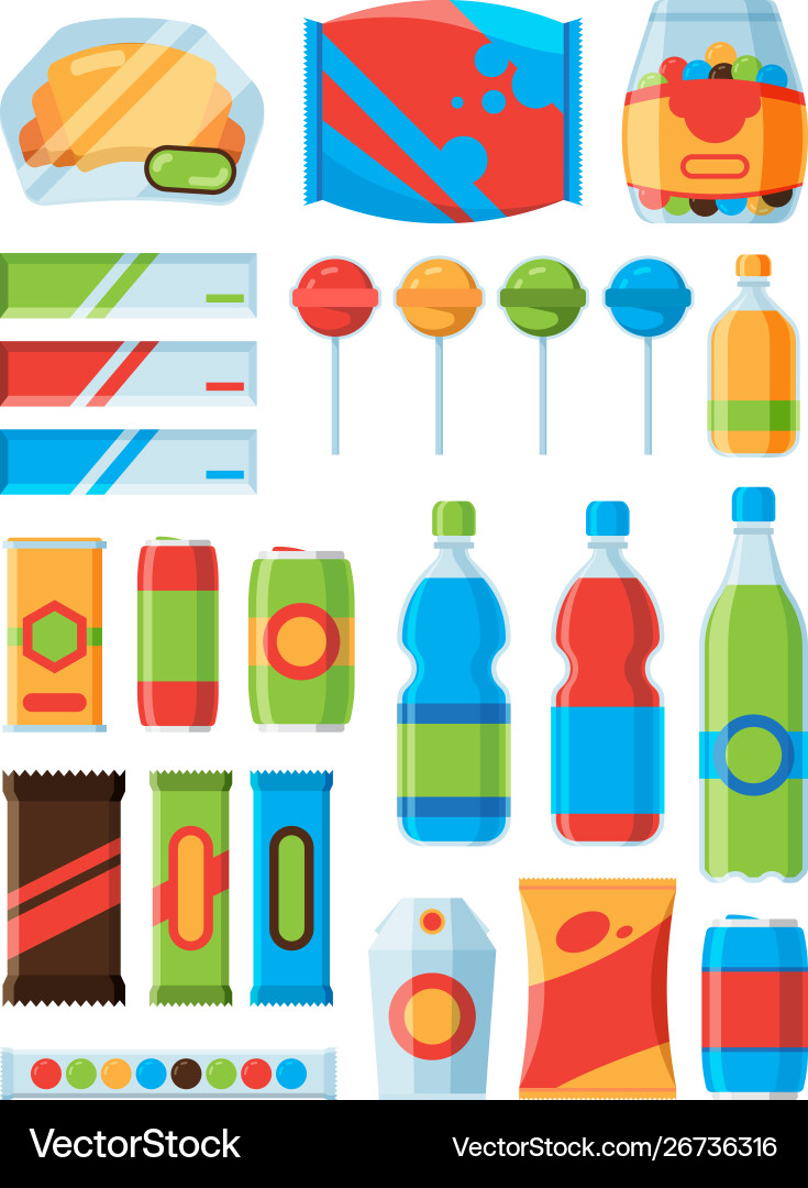 Snack fast food soda drinks chips nuts chocolate Vector Image