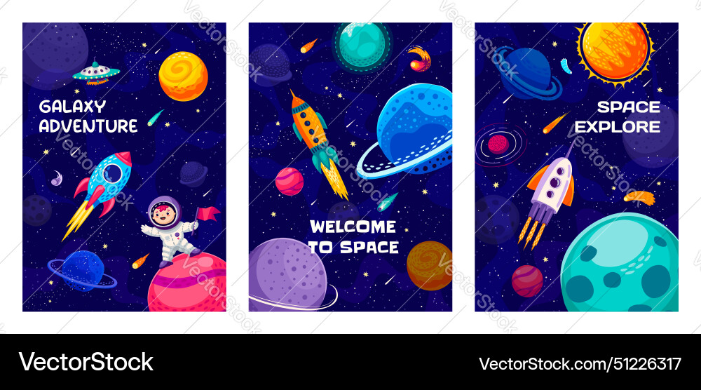Galaxy space posters with kid astronaut and rocket