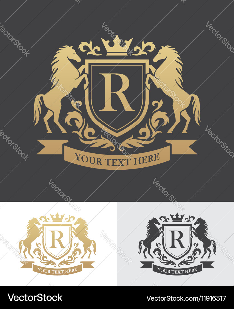 Retro golden crest with shield and two horses Vector Image