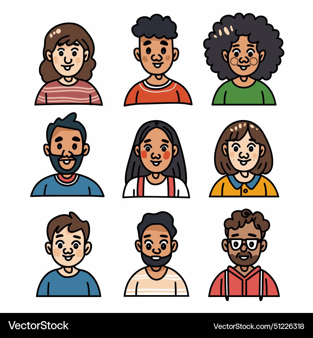 Nine diverse cartoon avatars represent different Vector Image
