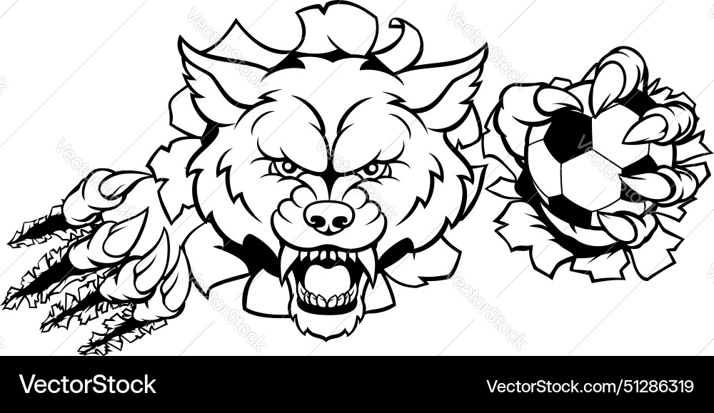Wolf soccer mascot breaking background Royalty Free Vector
