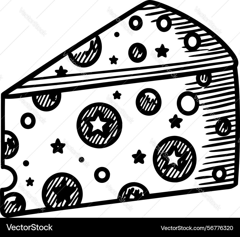 Cheese wedge sketch with holes and star patterns Vector Image
