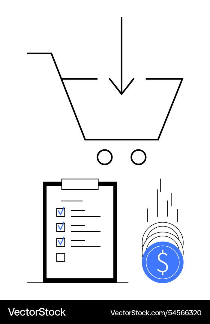 Shopping cart with a down arrow checklist with Vector Image