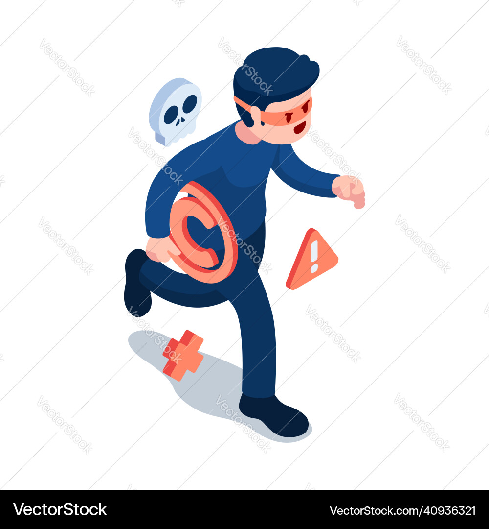 Isometric thief stole copyright symbol Royalty Free Vector