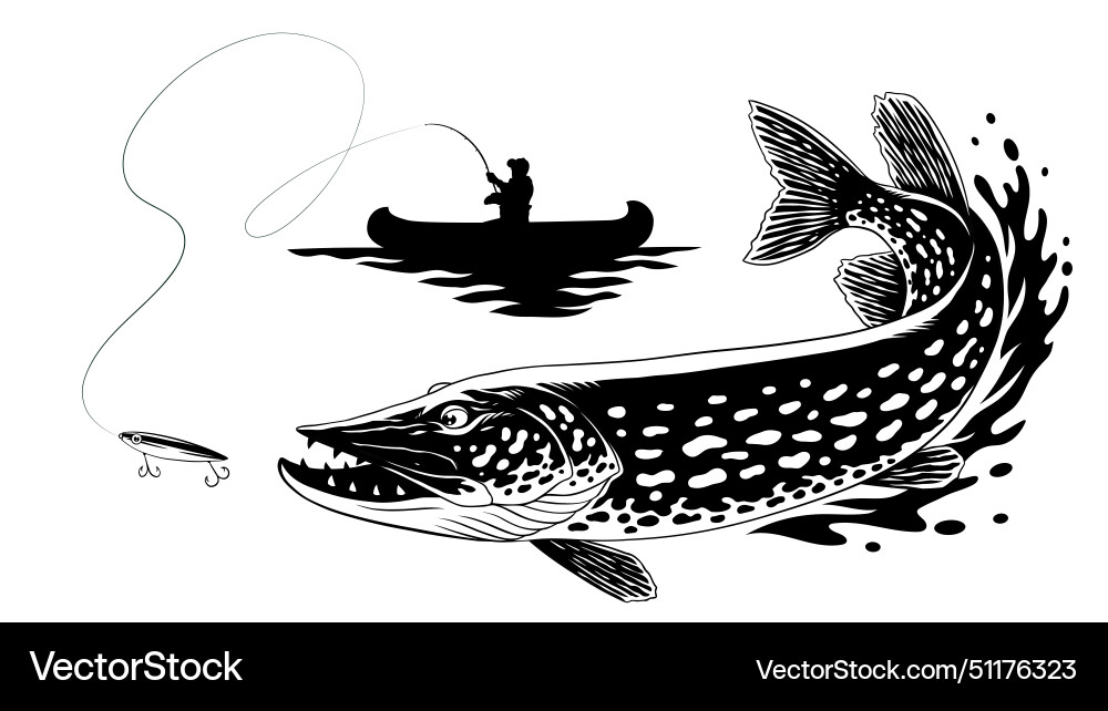 Fisherman catching a big pike fish Royalty Free Vector Image