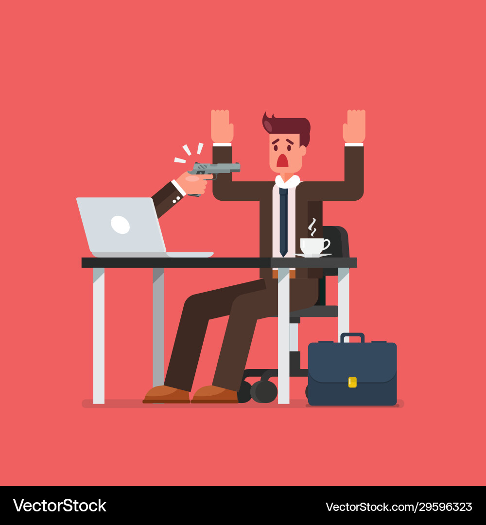 Hacker holding gun pointing to businessman Vector Image