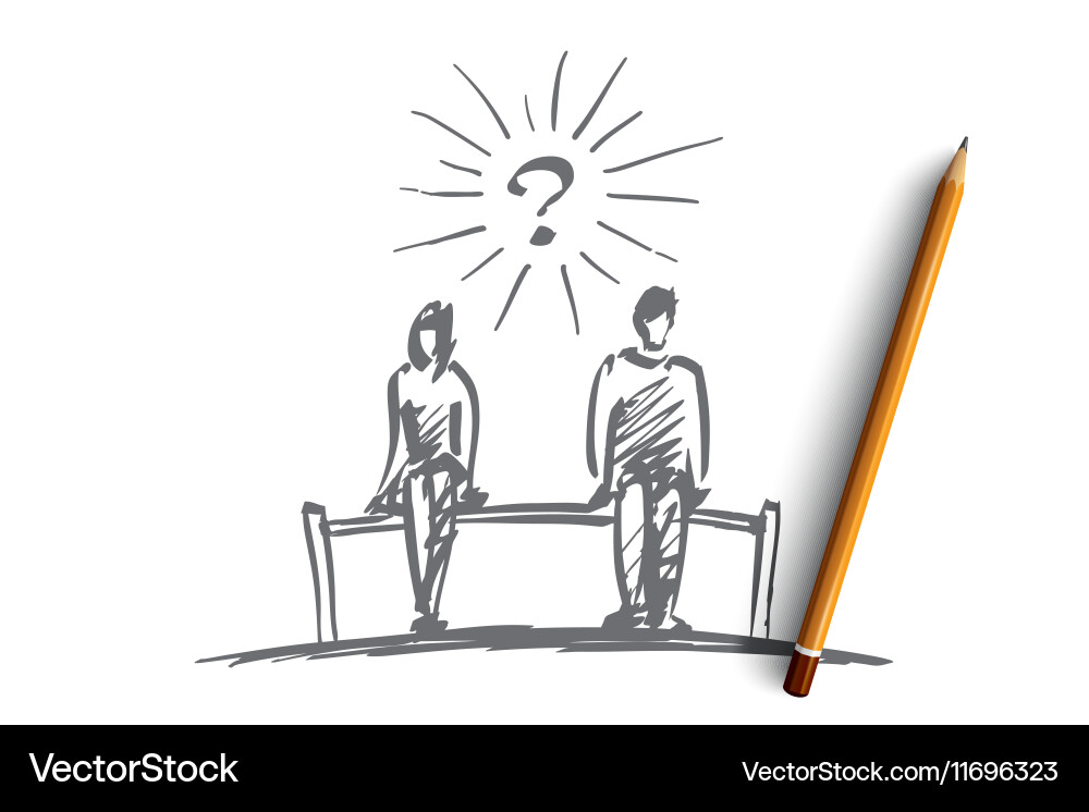 Hand drawn couple sitting on bench space between Vector Image