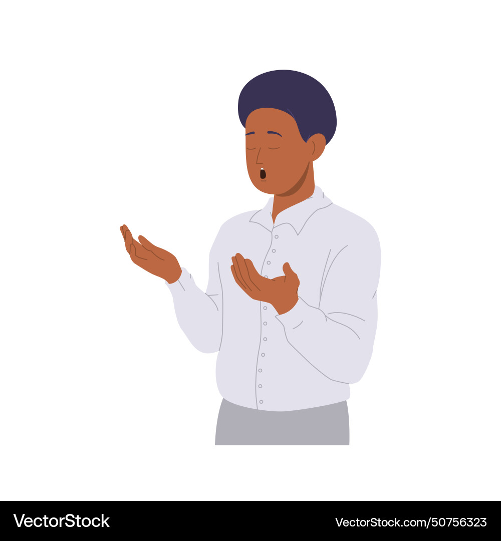 Isolated man cartoon character praying with palms Vector Image
