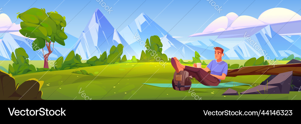 Man rest on mat green lawn with log Royalty Free Vector