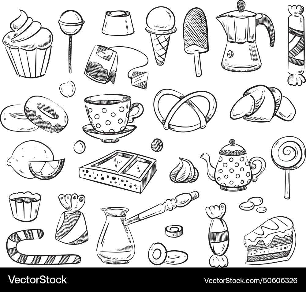 Hand drawn tea cup coffee cakes sweets fun doodle Vector Image