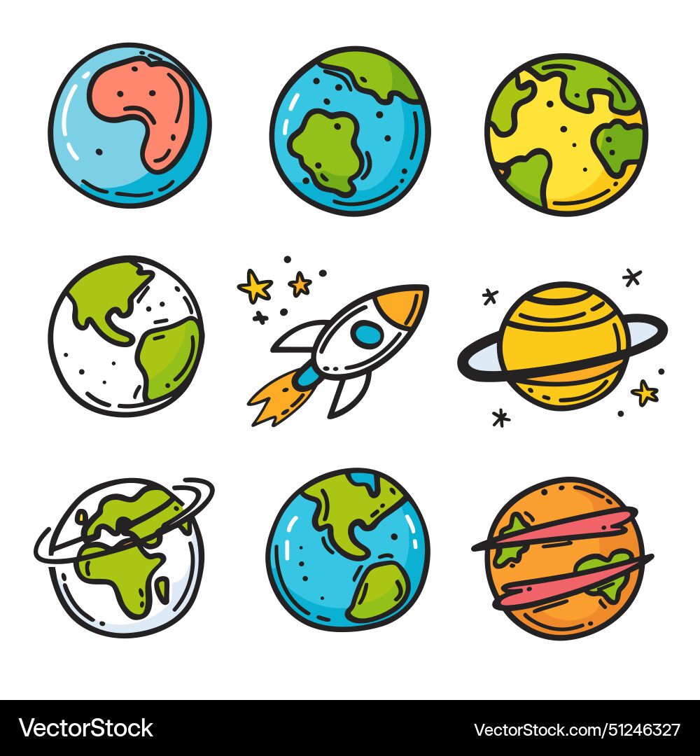 Colorful space icons set including variety planets