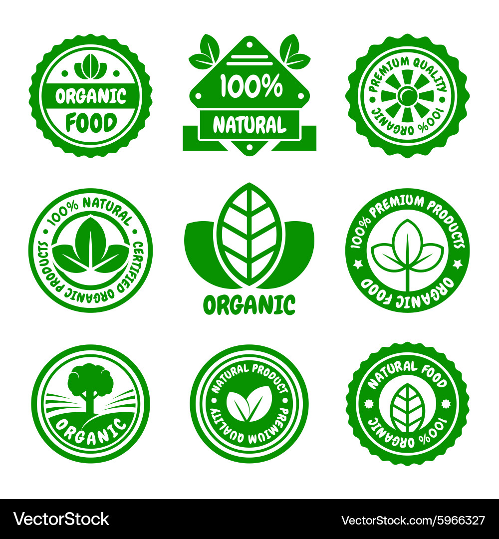 Organic food green labels set Royalty Free Vector Image