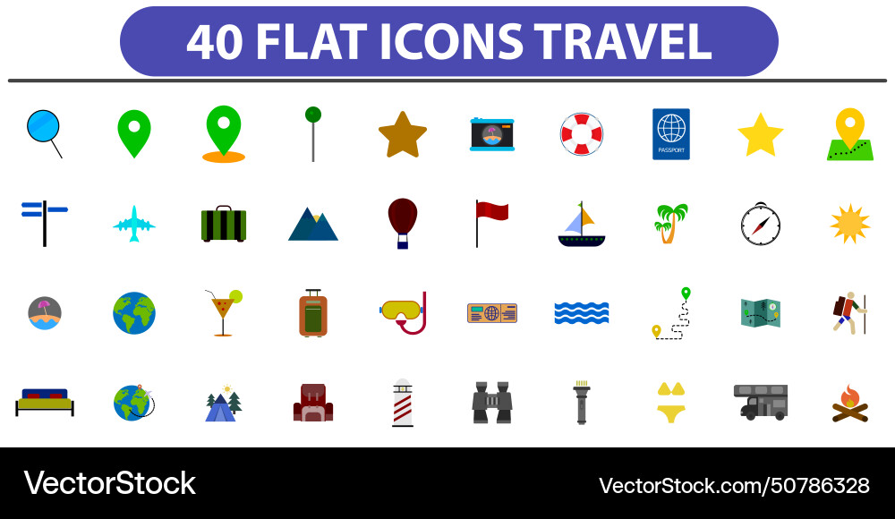 A flat color travel icons Royalty Free Vector Image