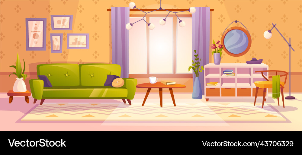 Cozy living room interior design flat cartoon Vector Image