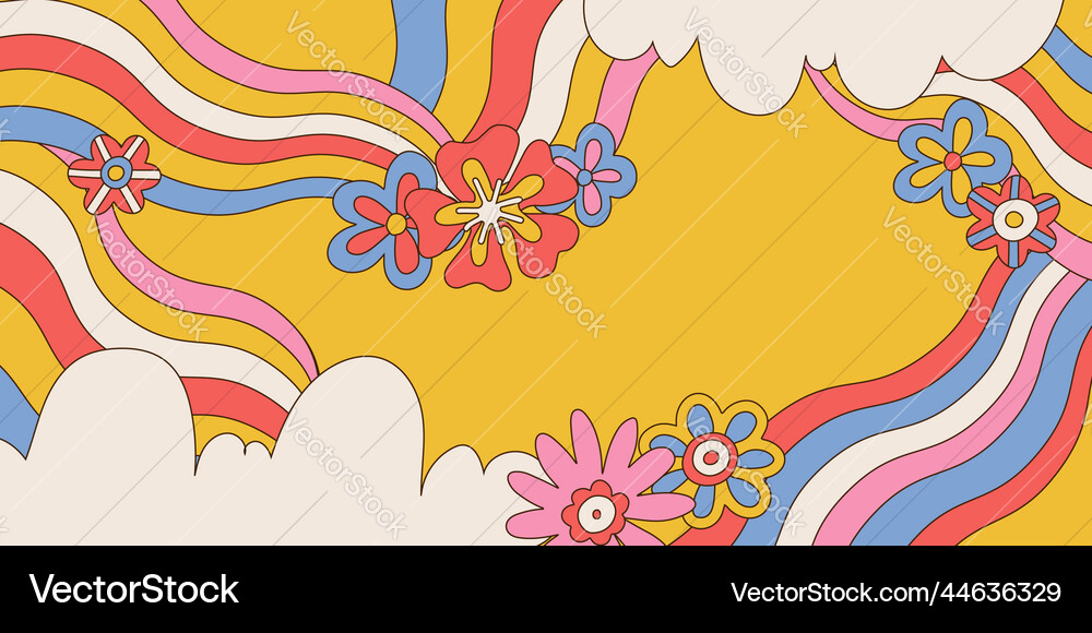 Retro groovy background with clouds flowers Vector Image