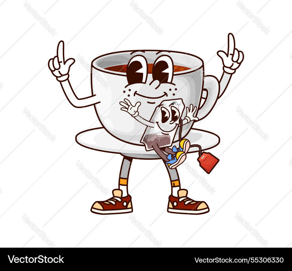 Groovy breakfast tea cup cartoon retro character Vector Image