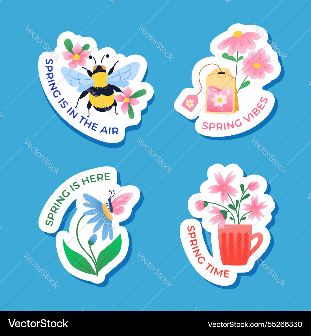 Spring stickers set with flowers bee Royalty Free Vector