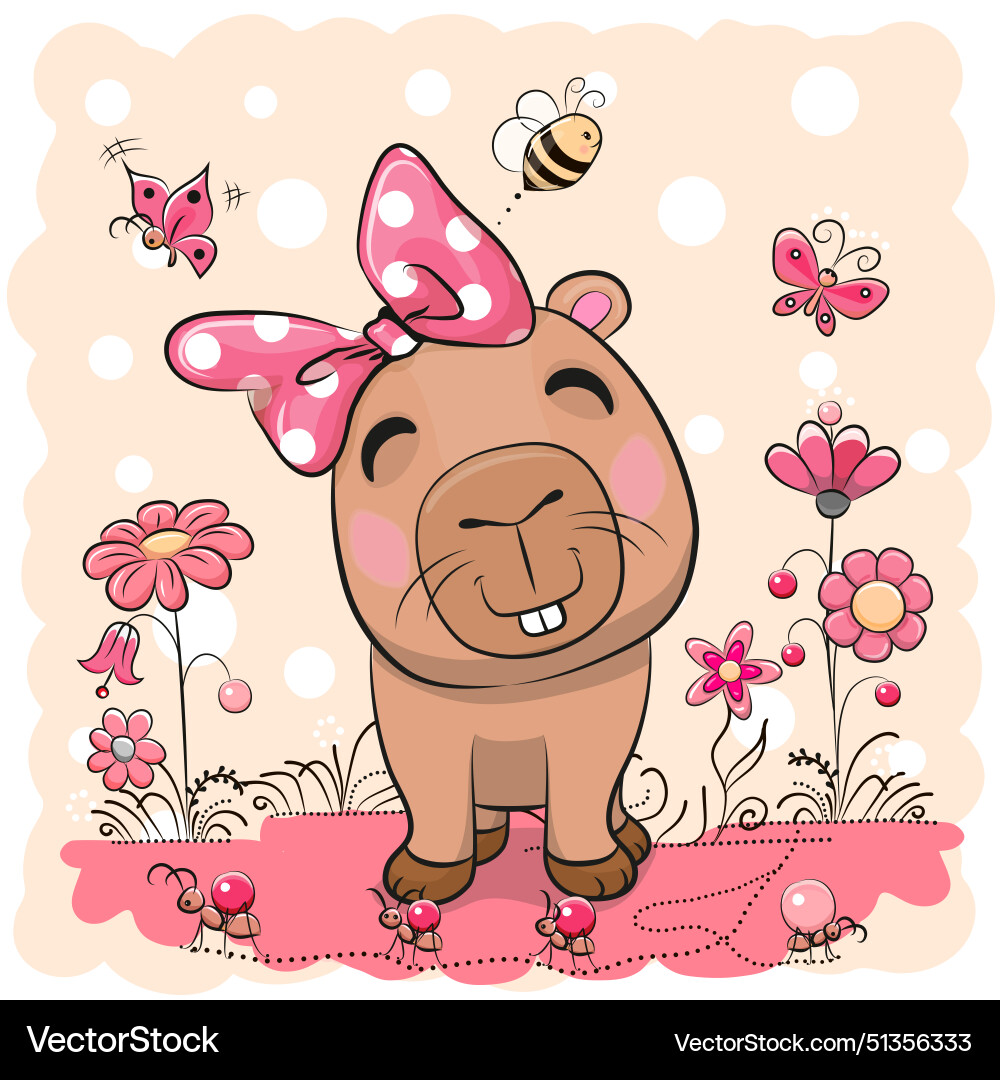 Cute cartoon capybara on a meadow Royalty Free Vector Image