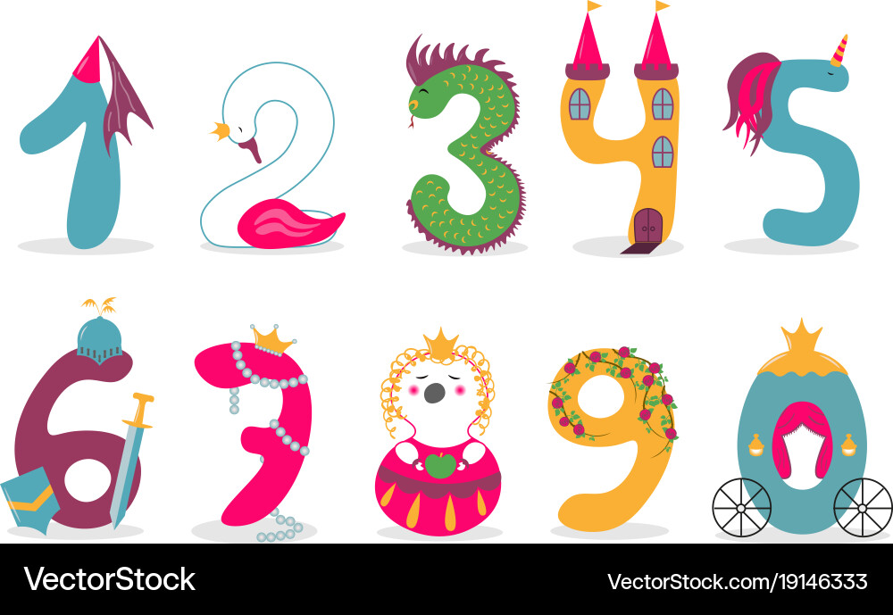 Funny cute princess numbers colorful Royalty Free Vector