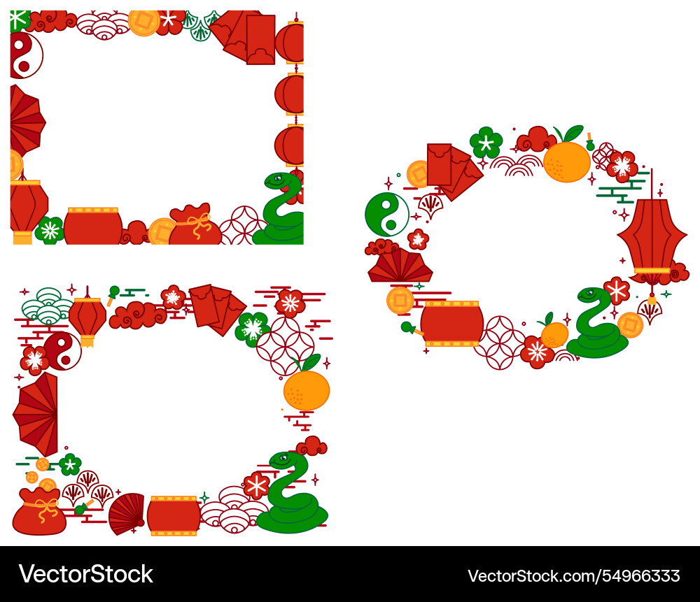 Set of chinese graphic line oval frames Royalty Free Vector