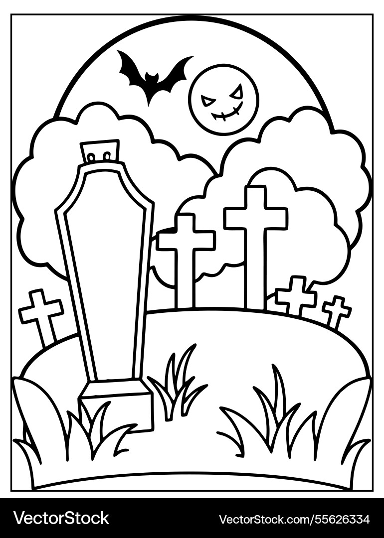 Halloween graveyard coloring page for kids Vector Image