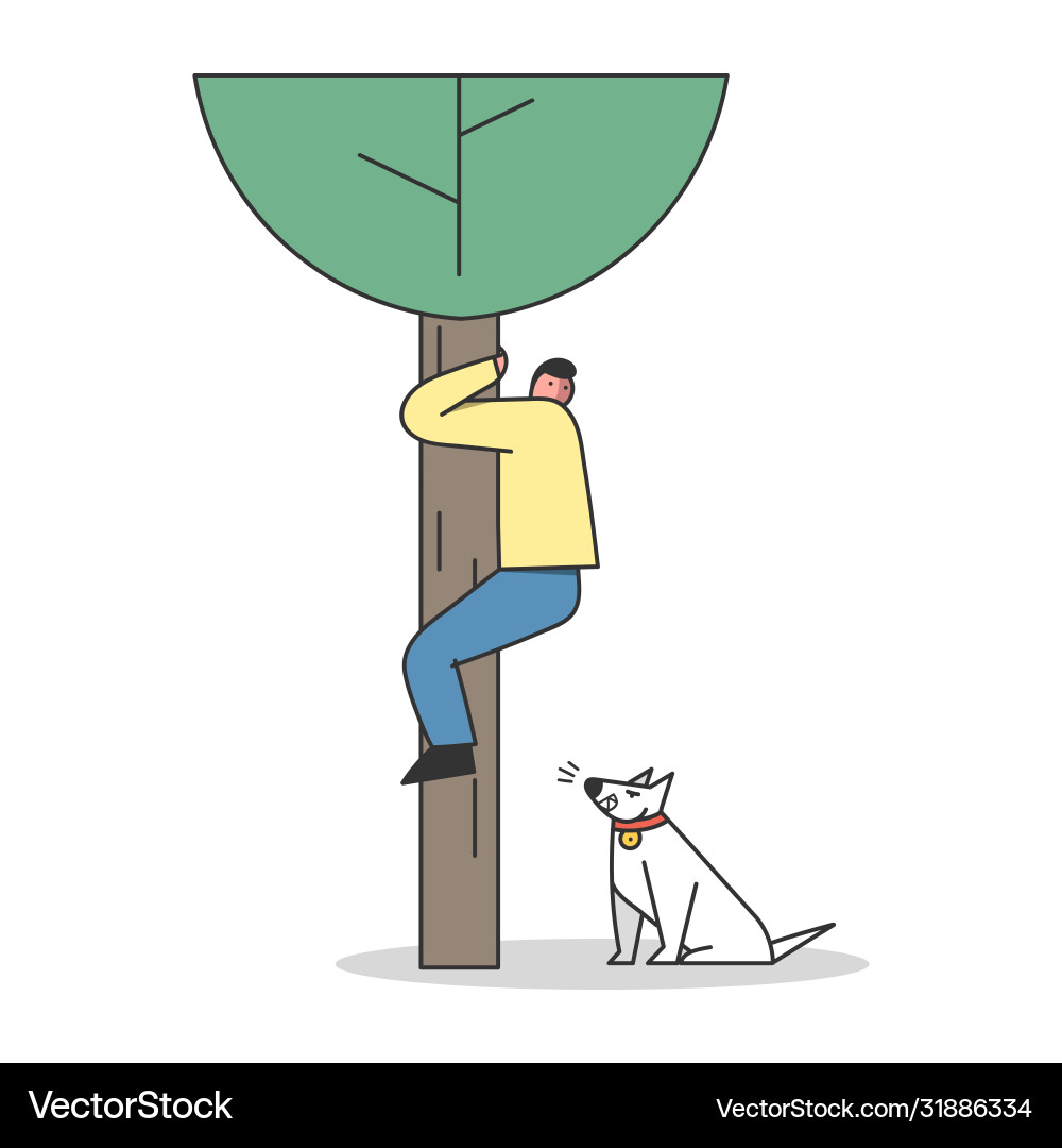 Scared man saving from dog attack climbing tree Vector Image