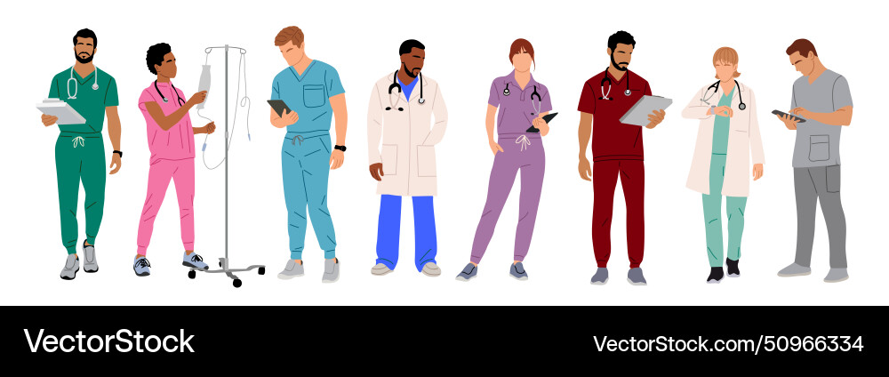 Set of standing and walking doctors nurses Vector Image