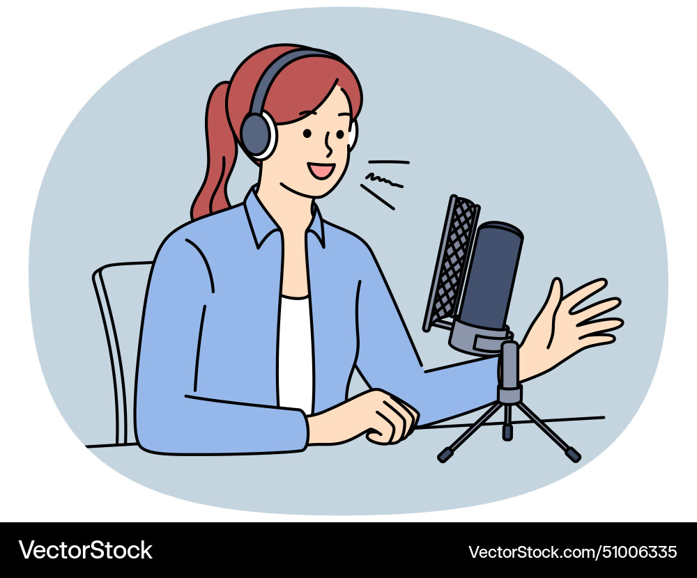 Female host in headset speak microphone Royalty Free Vector