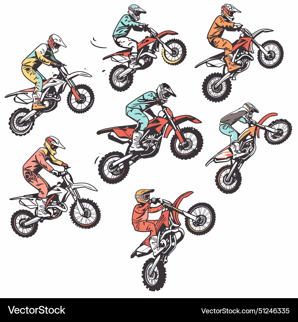 Nine motocross riders performing various stunts Vector Image
