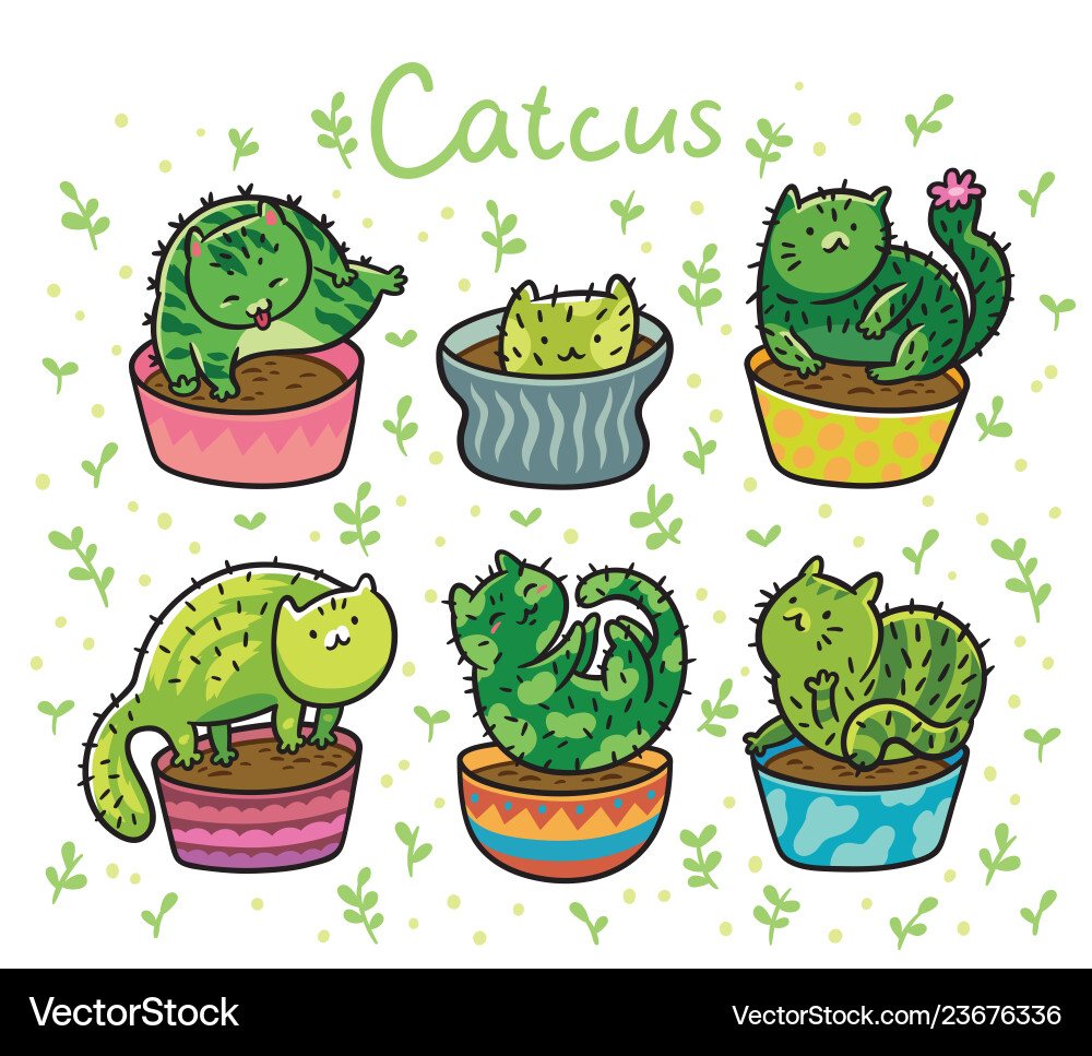 Adorable Cat Cactus Collection Royalty Free Vector Image