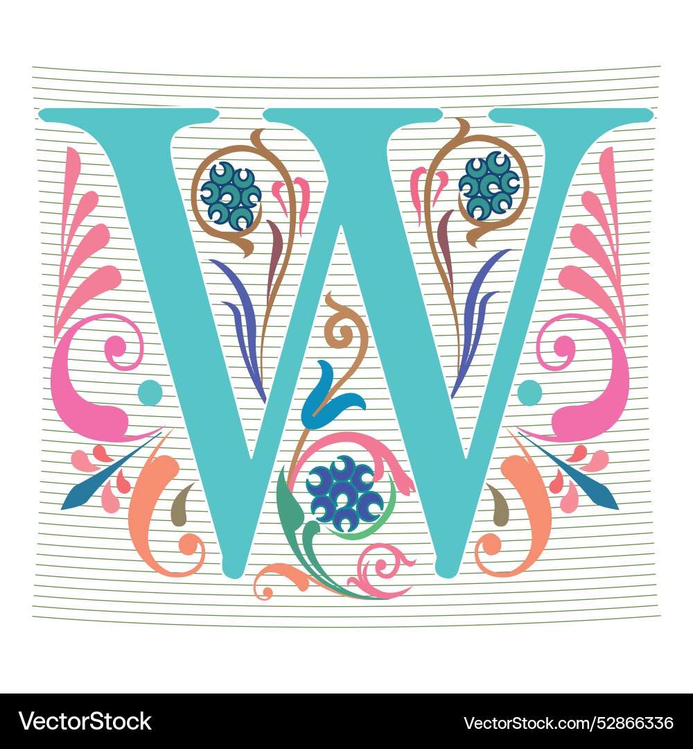 Art regal initial caps font capital letter w Vector Image