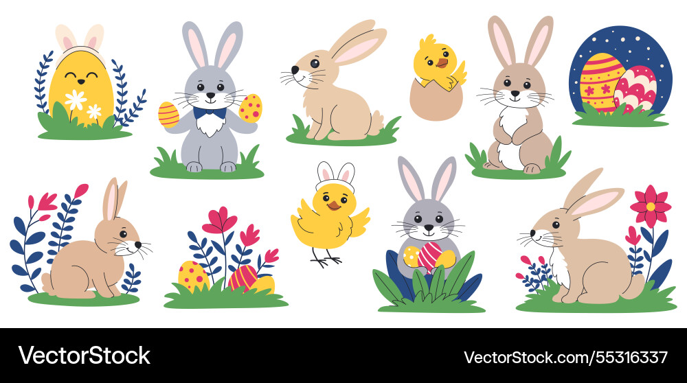Easter bunnies chicks and eggs set collection Vector Image