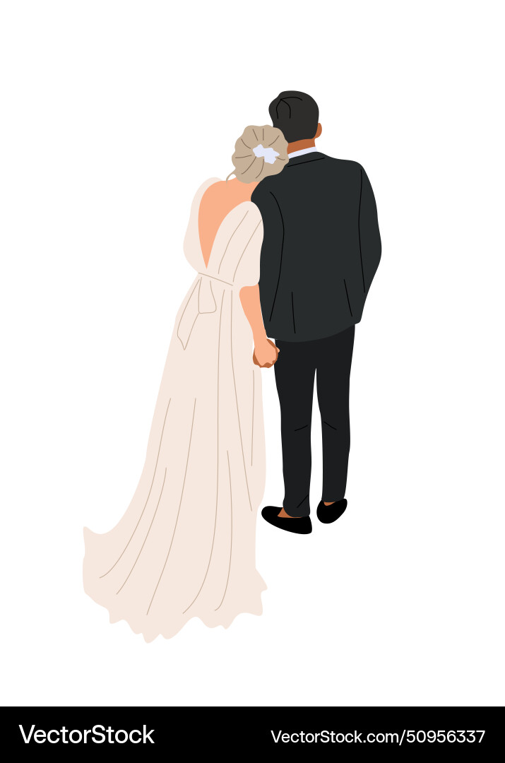 Happy wedding couple standing rear view isolated Vector Image