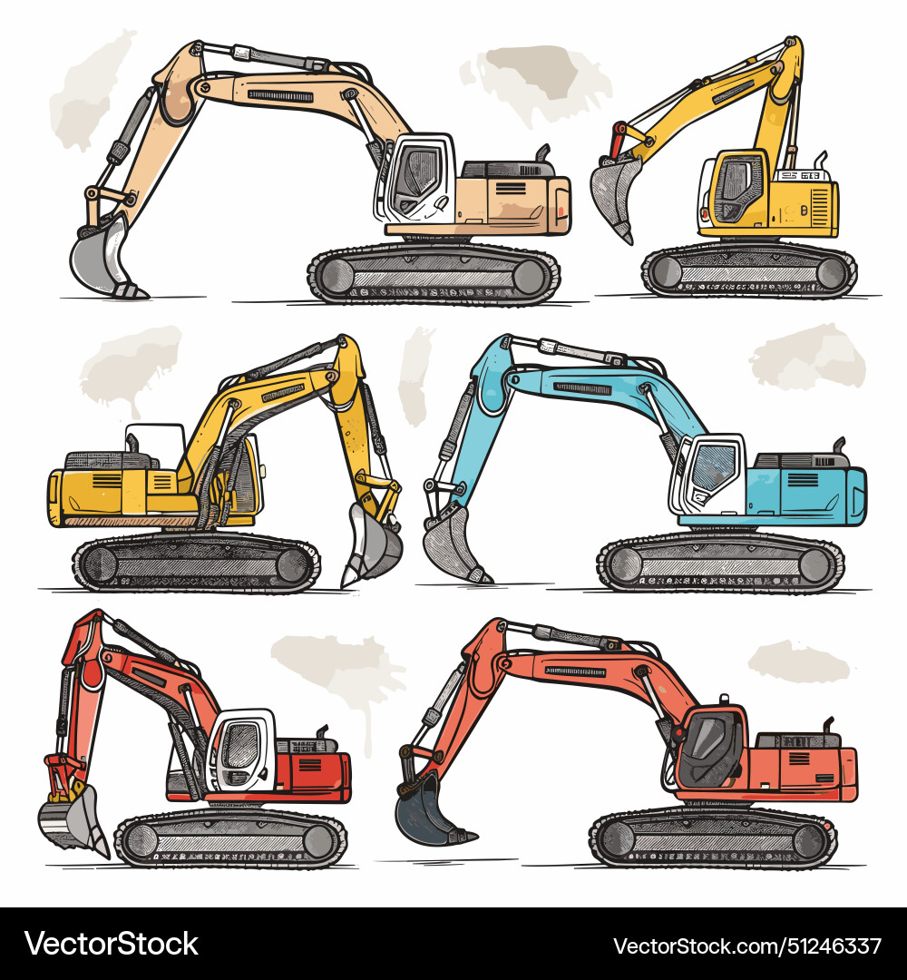Six different colored excavators Royalty Free Vector Image