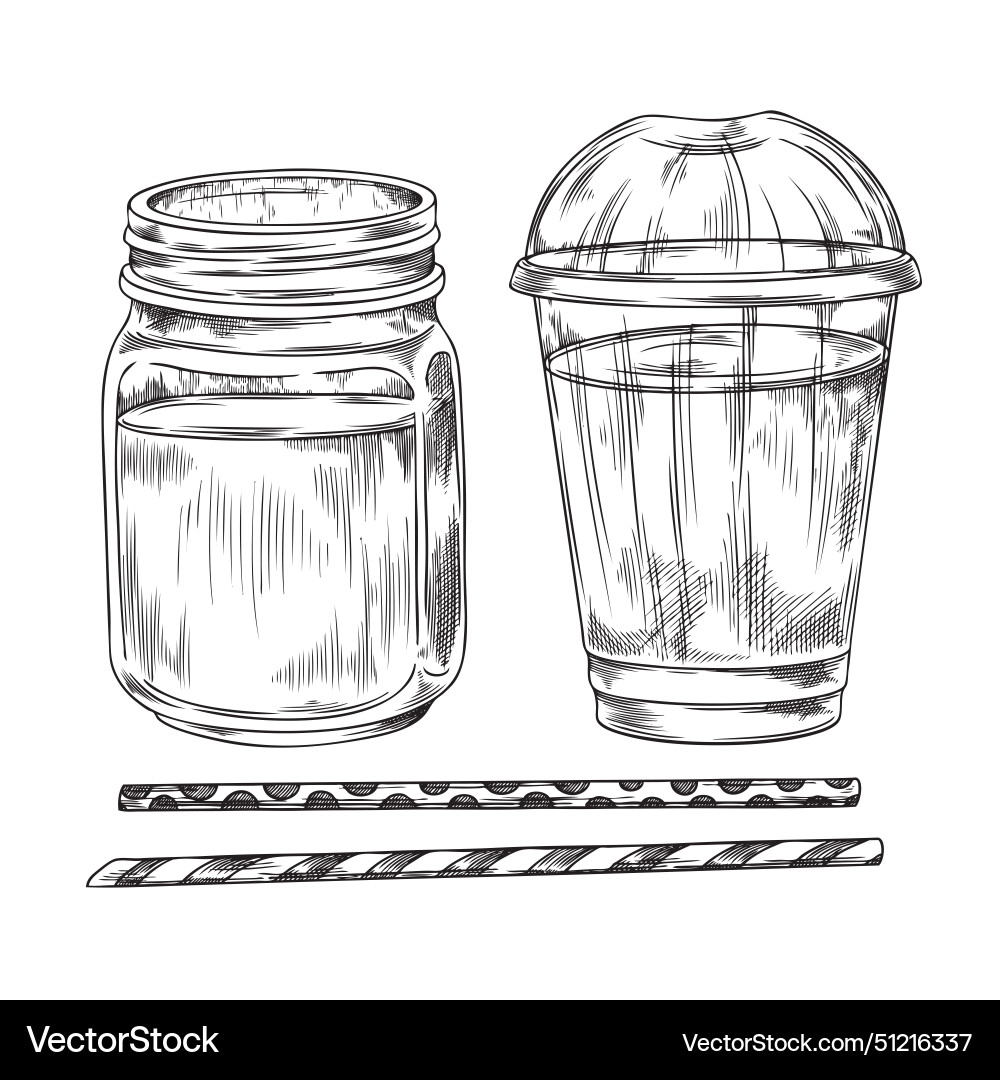 Sketched mason jar and plastic cup Royalty Free Vector Image