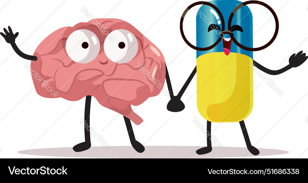 Cheerful brain and natural supplement pill Vector Image