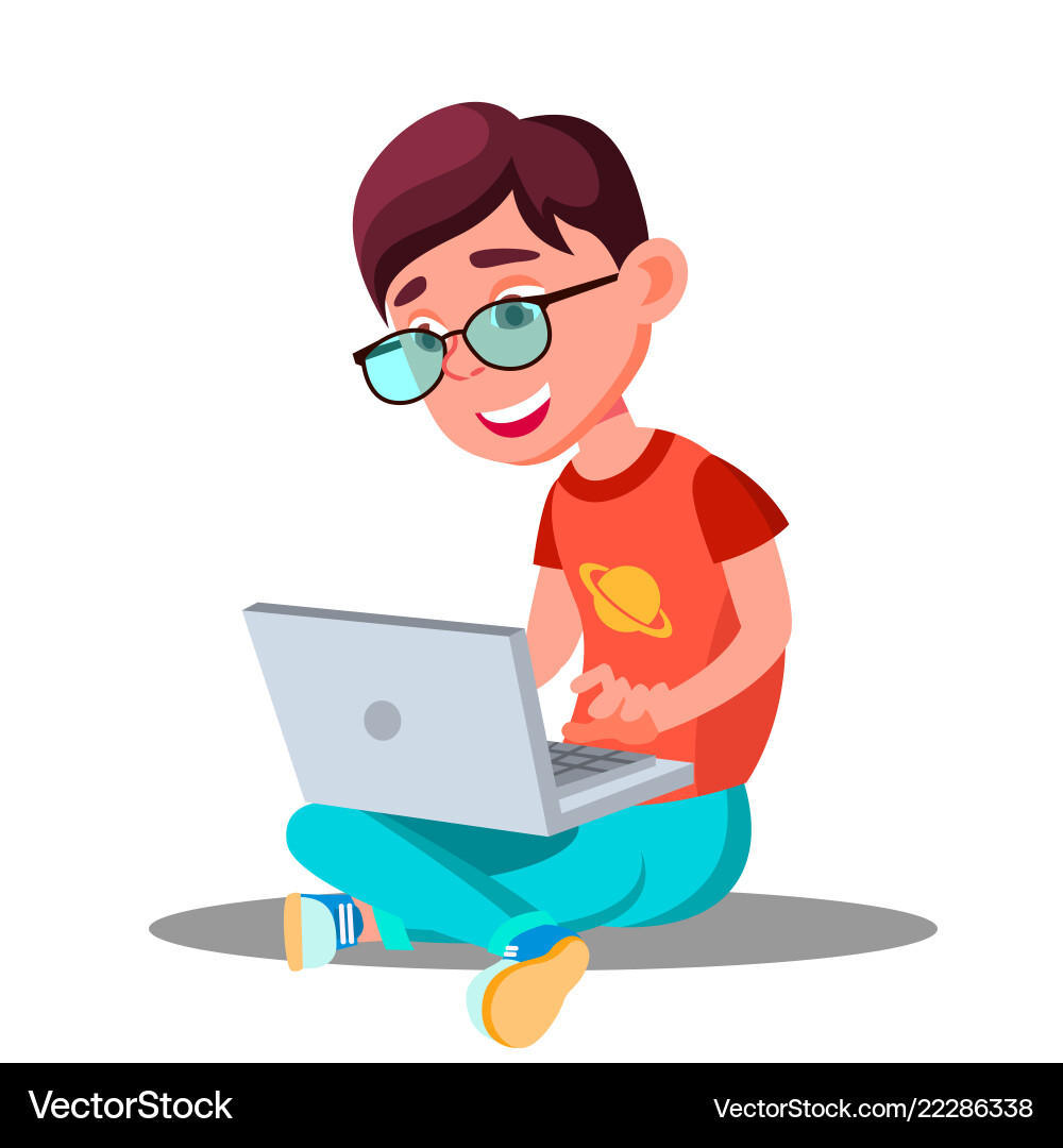 Little boy doing homework at home with computer Vector Image