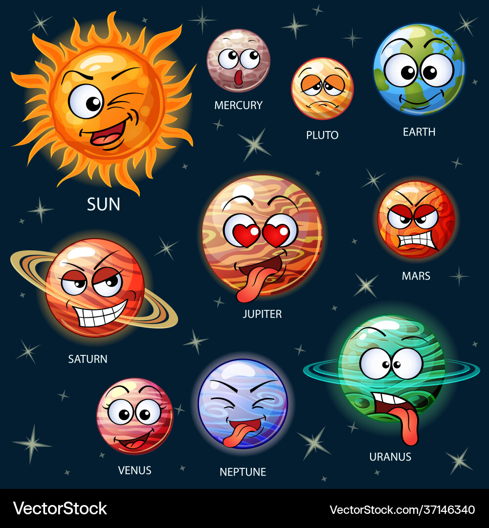Cute cartoon planets solar system sun Royalty Free Vector