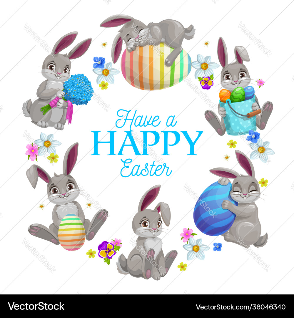 Easter eggs bunnies and flowers frame Royalty Free Vector