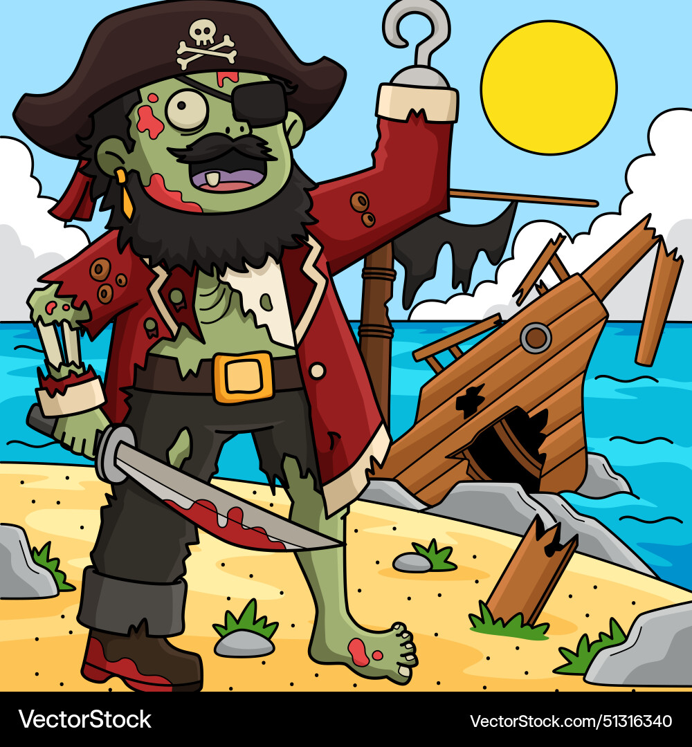 Zombie pirate captain colored cartoon Royalty Free Vector