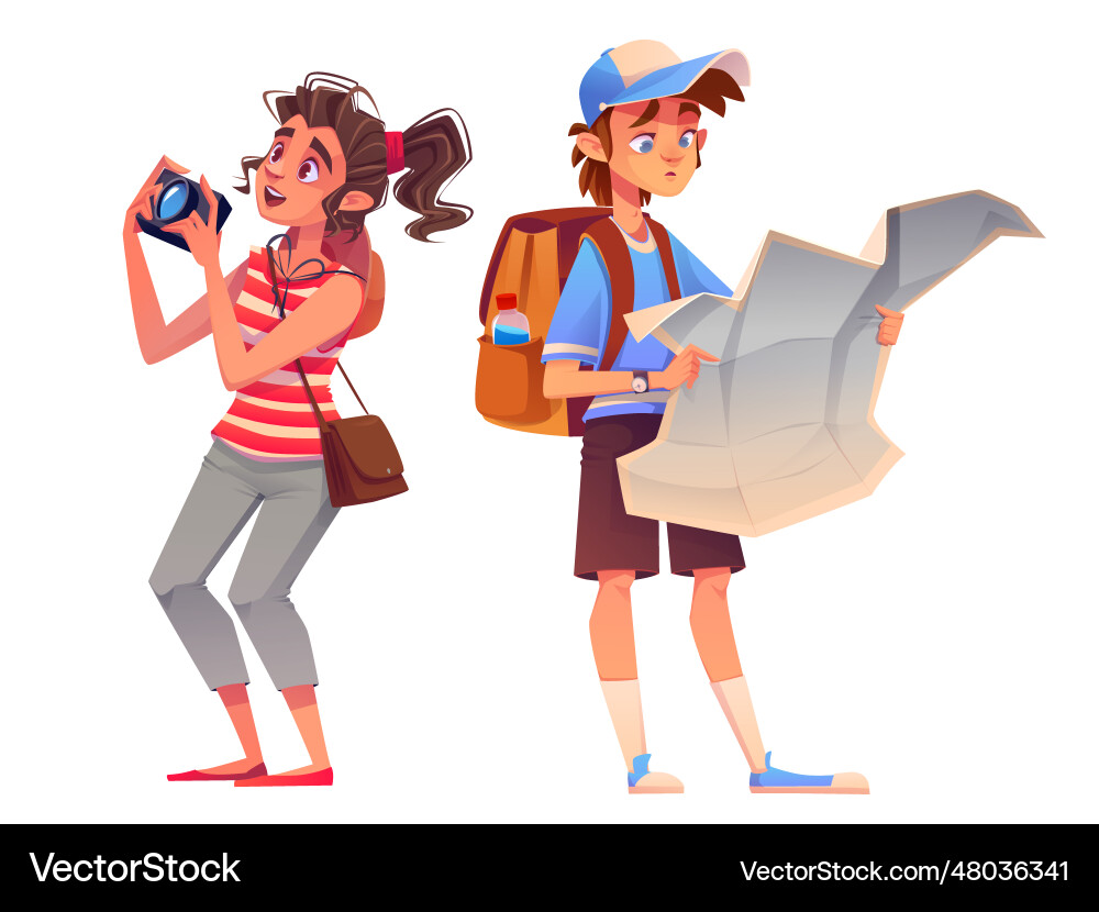 Tourist character with backpack and map Royalty Free Vector