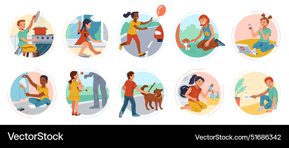 Little children in dangerous situations flat icon Vector Image