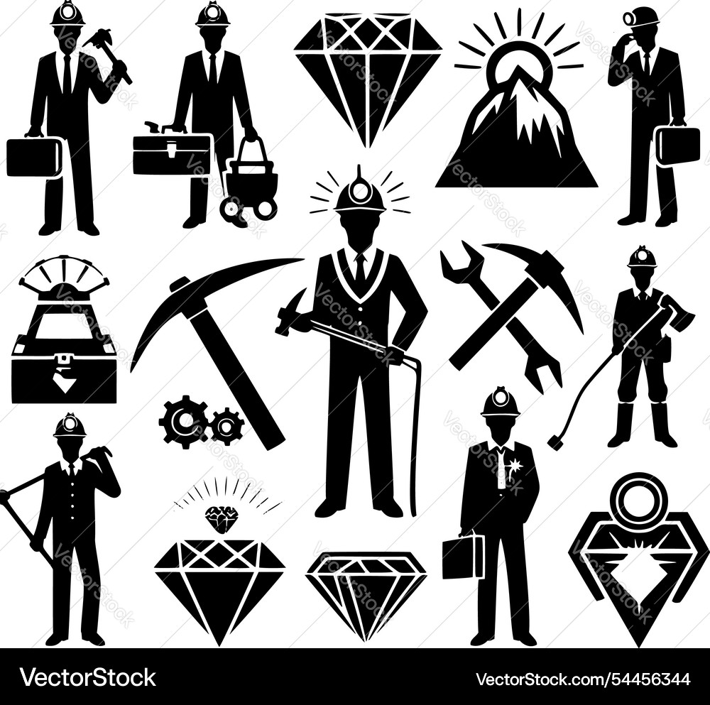 Mining industry icons businessmen tools diamonds Vector Image