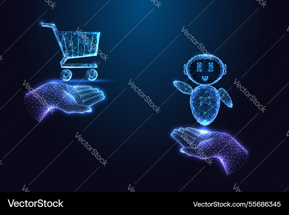 Ai chatbot and shopping cart in glowing hands e Vector Image