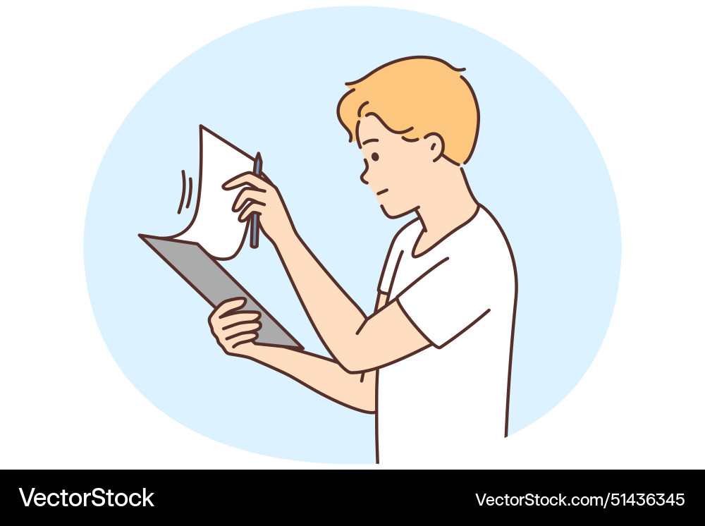 Frustrated man checking paperwork Royalty Free Vector Image