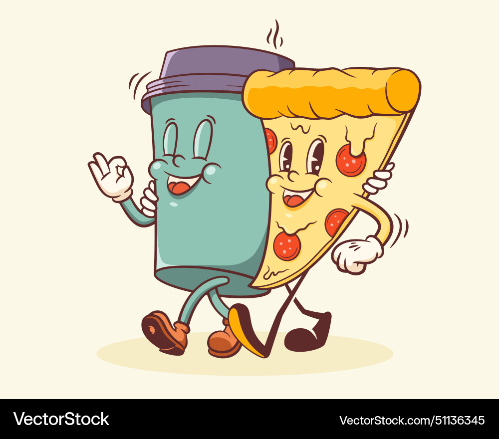 Groovy pizza and coffee retro characters label Vector Image