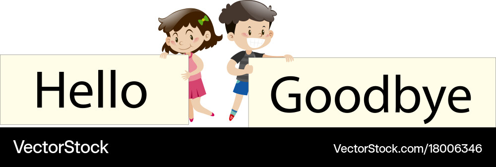 Kids holding sign say hello and goodbye Royalty Free Vector